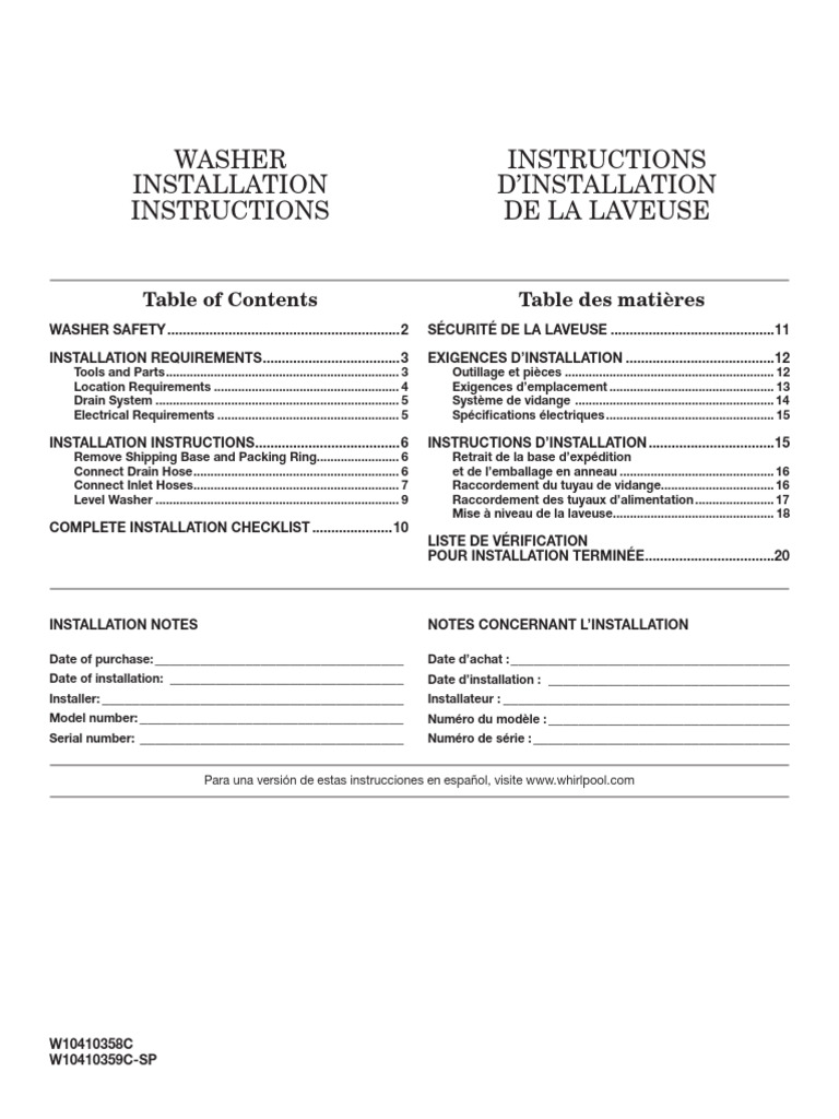 Installation Instructions W10410358 RevC | PDF | Washing Machine | Ac ...