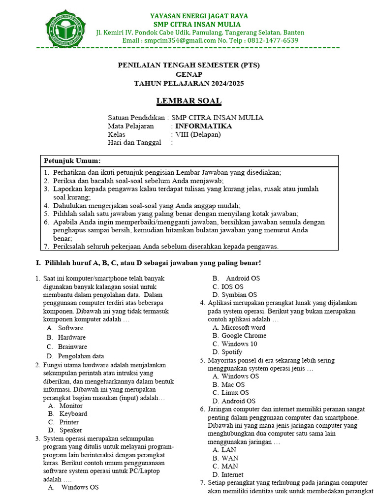 Informatika Viii-Soal Pts Genap 2024-2025 | PDF | Game & Aktivitas | Komputer