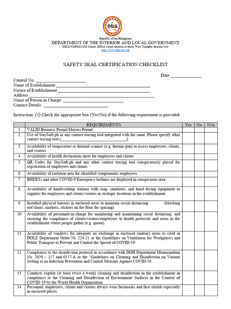 Safety Seal Certification Checklist 2 | PDF | Medical Specialties ...