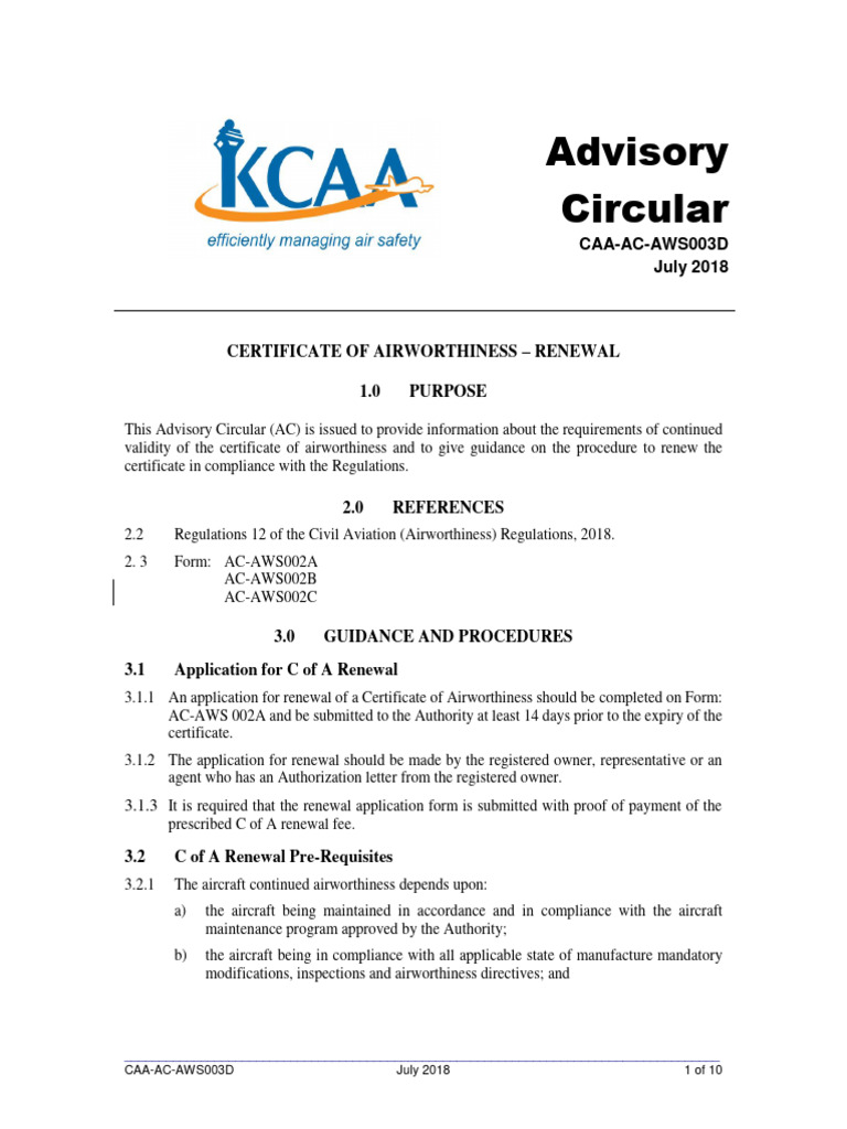 CAA-AC-AWS003D Certificate of Airworthiness Renewal | PDF | Aviation ...