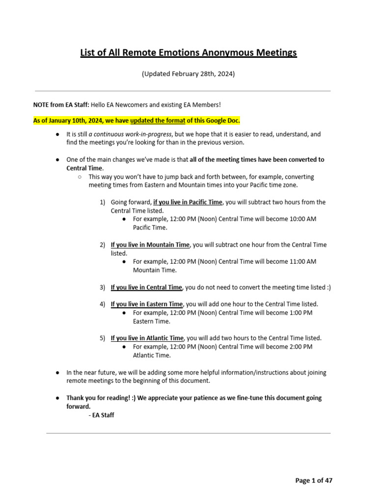List of All Remote Emotions Anonymous Meetings: (Updated February 28th ...