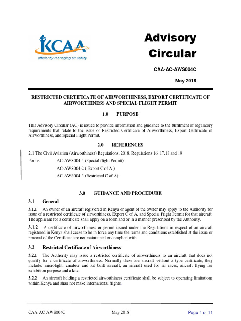 CAA-AC-AWS004C Restricted Certificate of Airworthiness, Export C of A ...