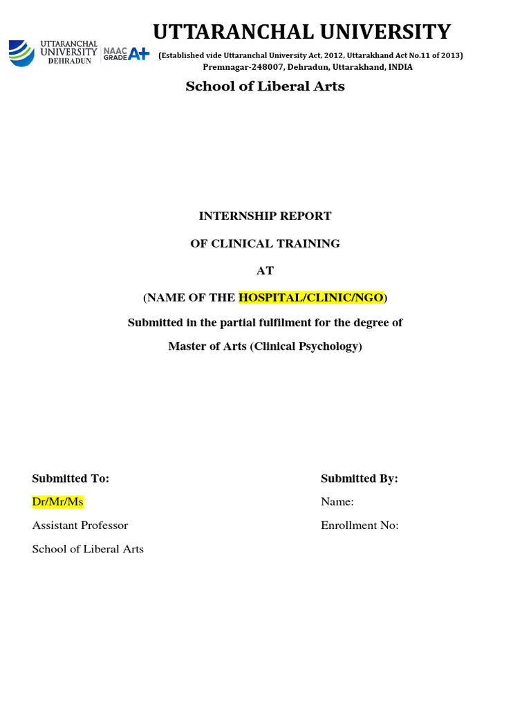 Format of Internship Report - MA CP | PDF | Mental Health | Behavioural ...