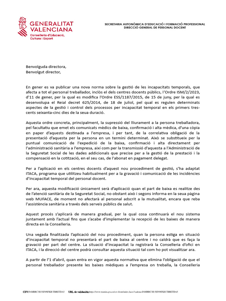 CARTA Incapacitat Teporal Baixa Mèdica 3ABR2023 | PDF