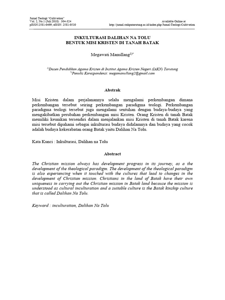 Inkulturasi Dalihan Na Tolu Bentuk Misi Kristen Di Tanah Batak | PDF | Ilmu Sosial | Sejarah