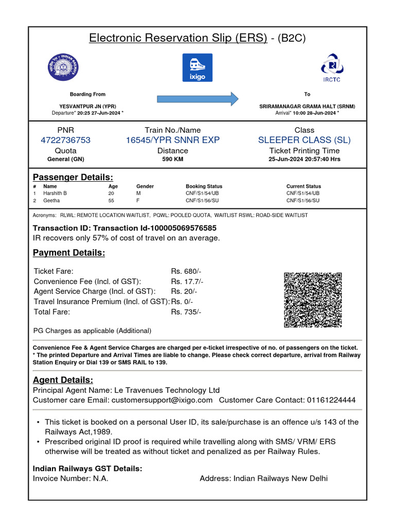 Electronic Reservation Slip (ERS) : 4722736753 16545/YPR SNNR EXP ...