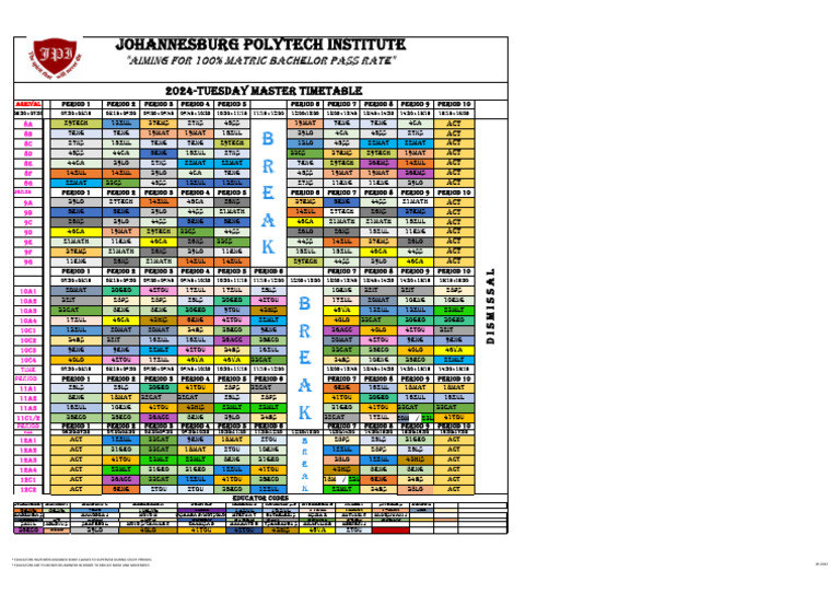 B 2024 Grade 8-12 Tuesday Master Timetable | PDF