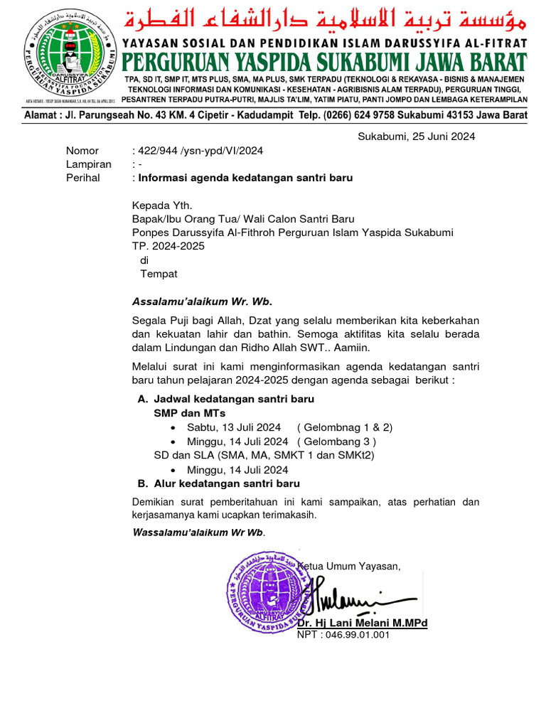 944 Surat Pemberitahuan Kedatangan Santri Baru | PDF