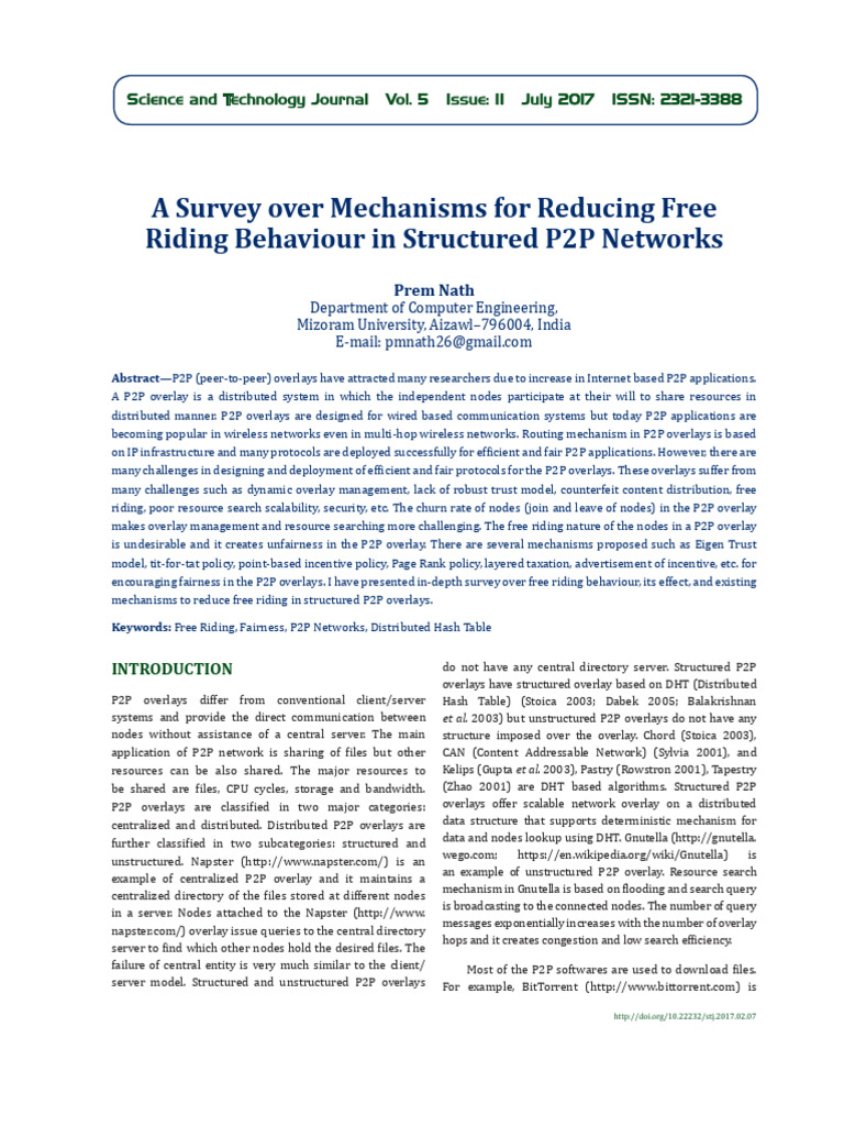 A Survey Over Mechanisms For Reducing Free Riding Behaviour in Structured P2P Networks | PDF ...