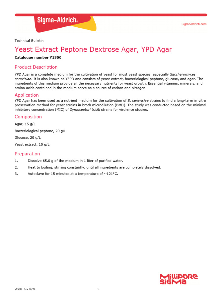 Y1500 YPD Agar-Ms | PDF | Yeast | Growth Medium