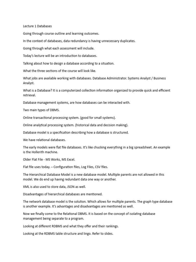 Lecture 1 Notes | PDF | Databases | Relational Database Lecture 1 Notes | PDF | Databases | Relational Database