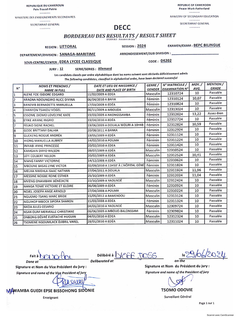 BEPC 2024 Lycée Classique D'edéa | PDF