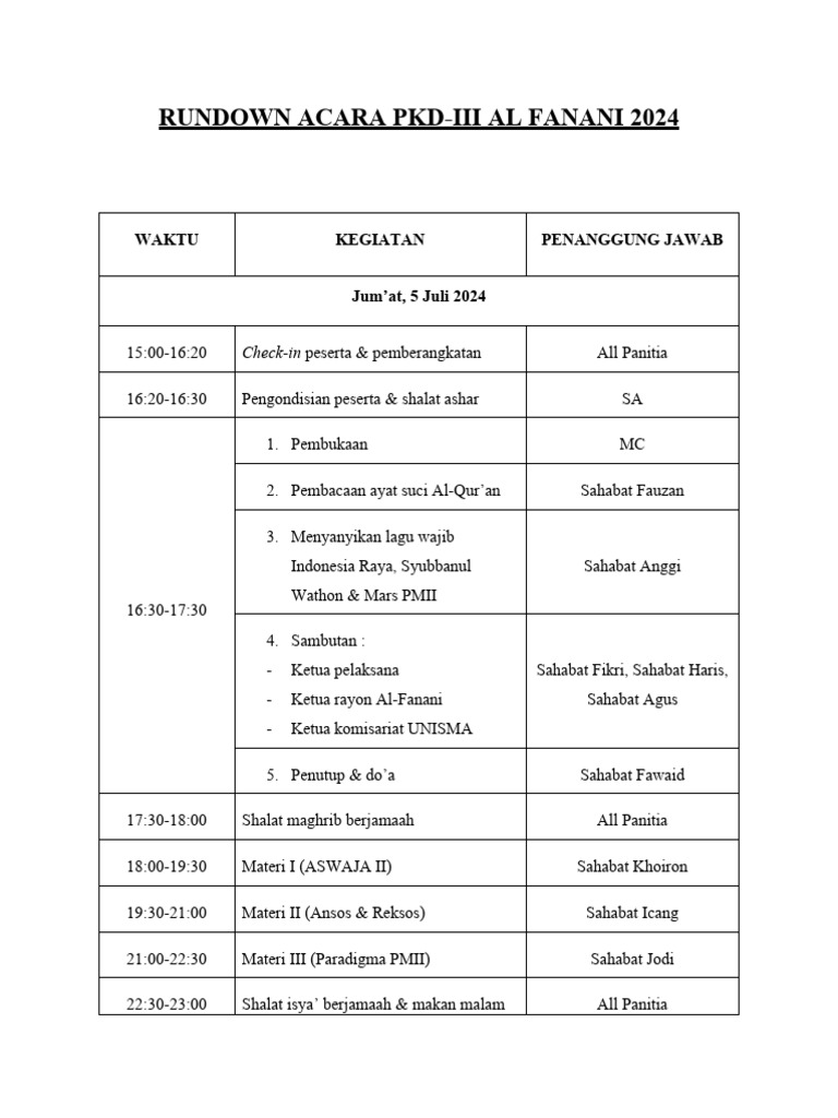 Rundown Acara PKD-III Al Fanani 2024 | PDF