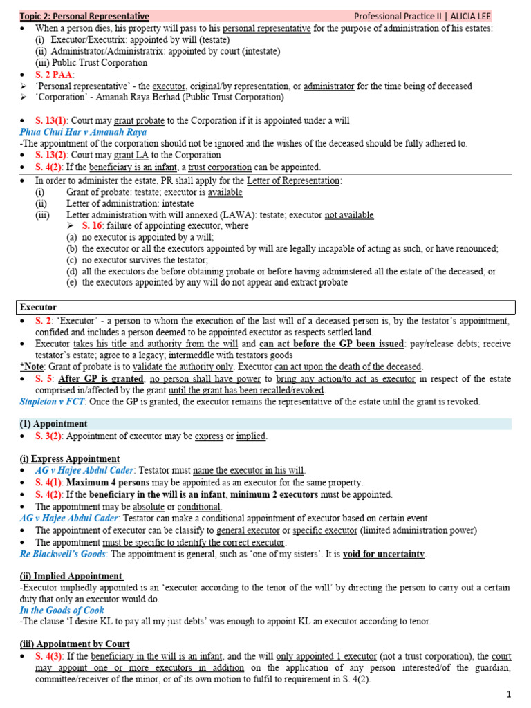 Topic 2 - Personal Representatives | PDF | Probate | Executor