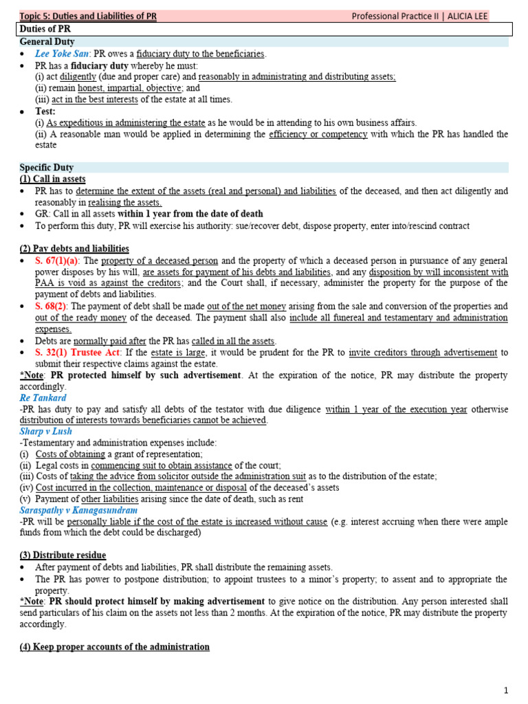 Topic 5 - Duties and Liabilities of PR | PDF | Trustee | Probate