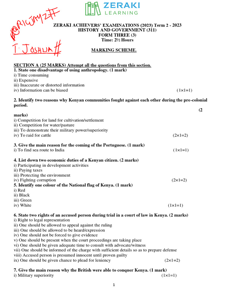 History Form 3 - Marking Scheme | PDF | Kenya