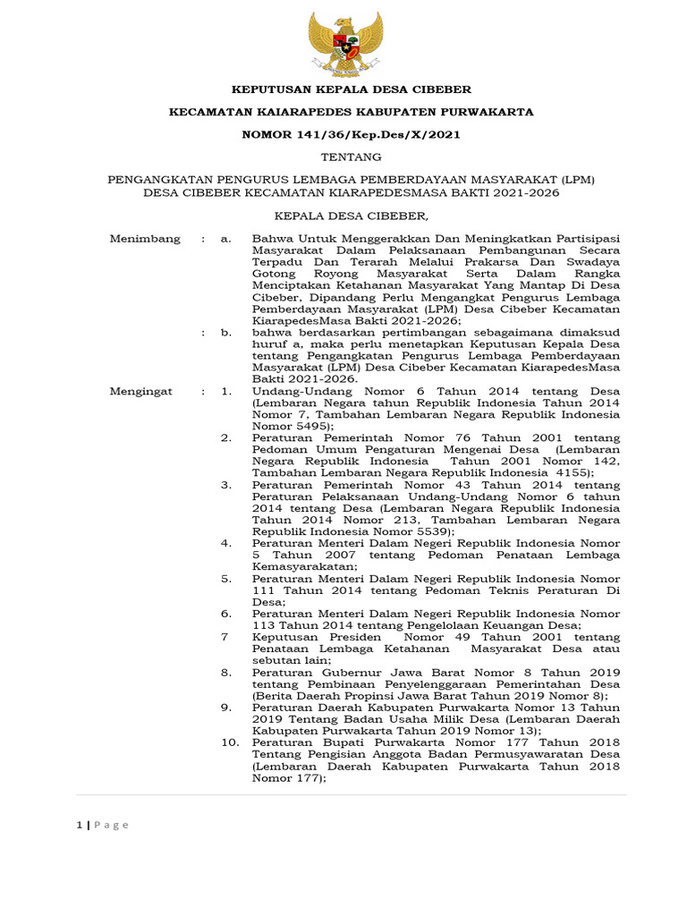 SK Pengangkatan Pengurus LPMD | PDF