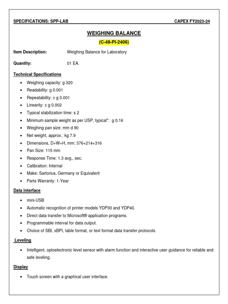 Weighing Balance Specification | PDF | Specification (Technical Standard) | Computing