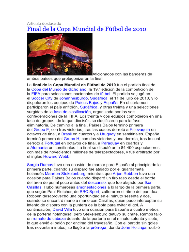 Final de La Copa Mundial de Fútbol de 2010 | PDF | FIFA Copa del Mundo ...