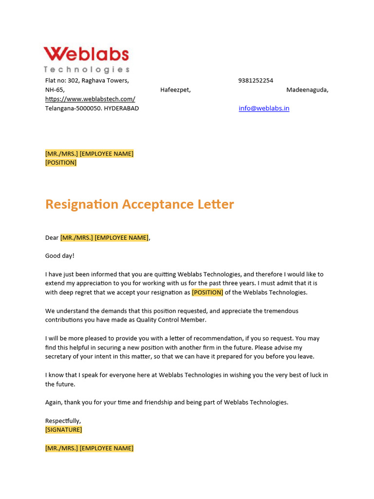 Resignation Acceptance Letter Template | PDF