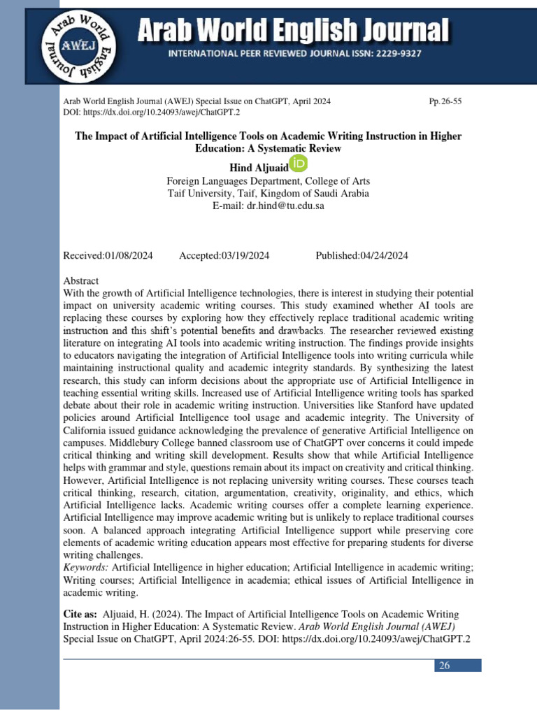 The Impact of Artificial Intelligence Tools On Academic Writing Instruction in Higher Education ...