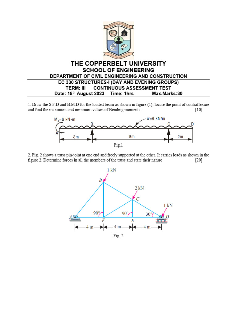 EC330 Structures I CAT 1 18th Aug 2023-qn and Answrs | PDF