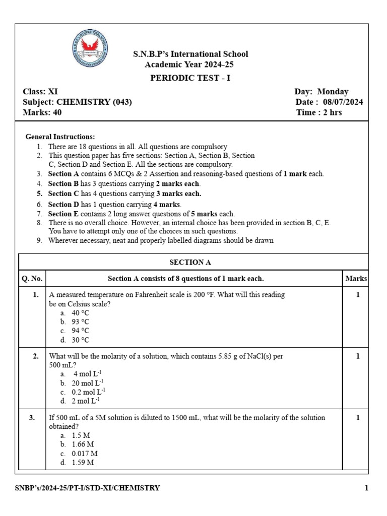 Class XI Chemistry Periodic Test I 2024 | PDF | Mole (Unit) | Molecules