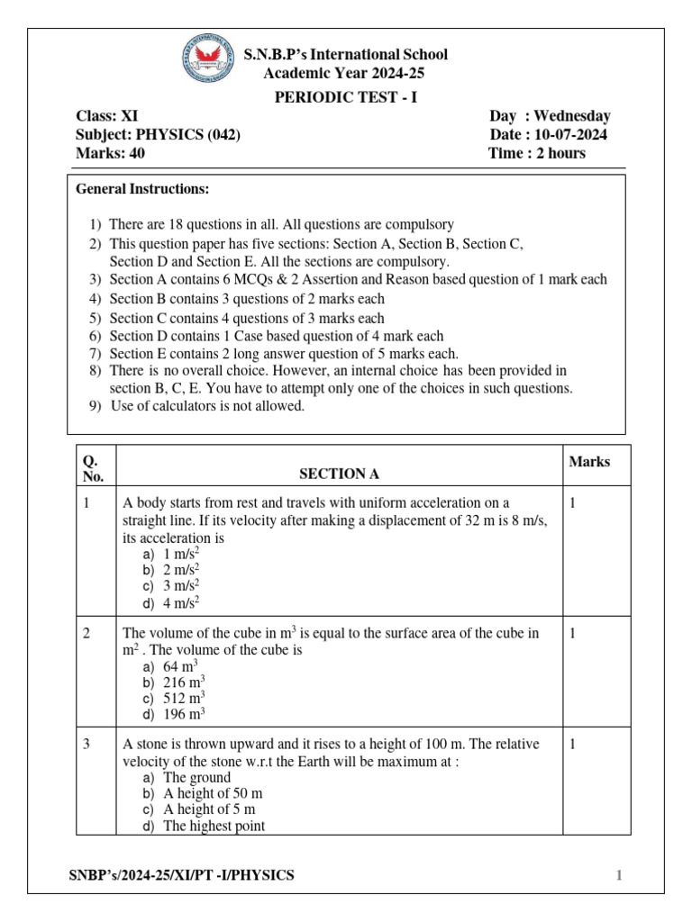 11th PT1 Q Paper 2024 | PDF | Acceleration | Force