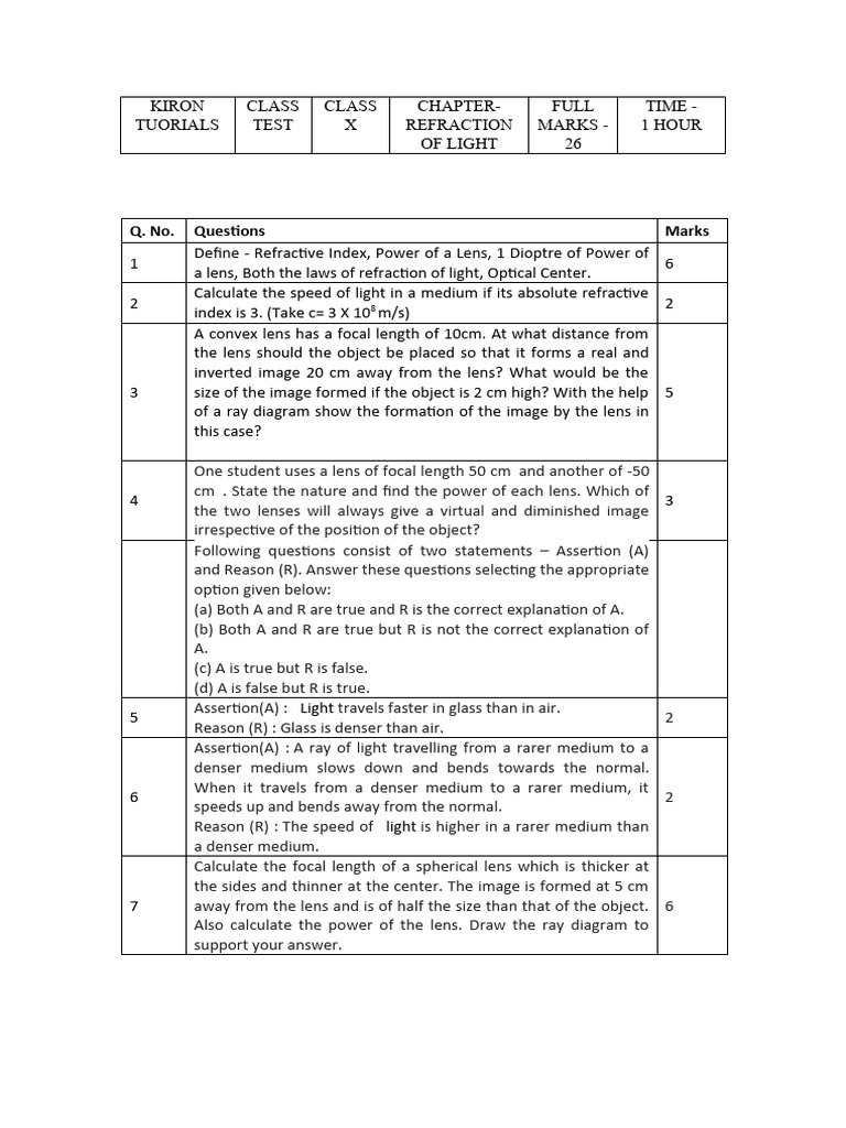 Class 10 Light Refraction Test | PDF | Refractive Index | Refraction