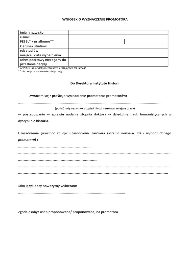 Wniosek Do Dih o Wyznaczenie Promotora | PDF