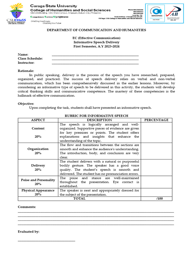 Speech Presentation Rubric 1 | PDF | Communication | Speech