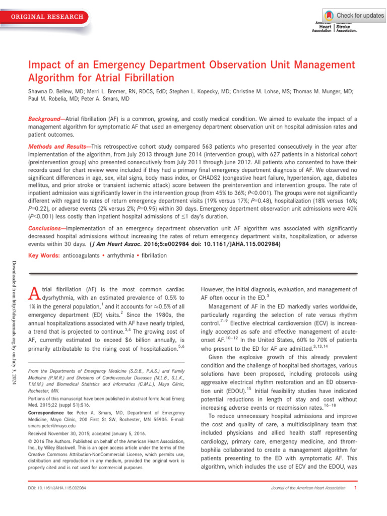 Bellew Et Al 2016 Impact of An Emergency Department Observation Unit Management Algorithm For ...