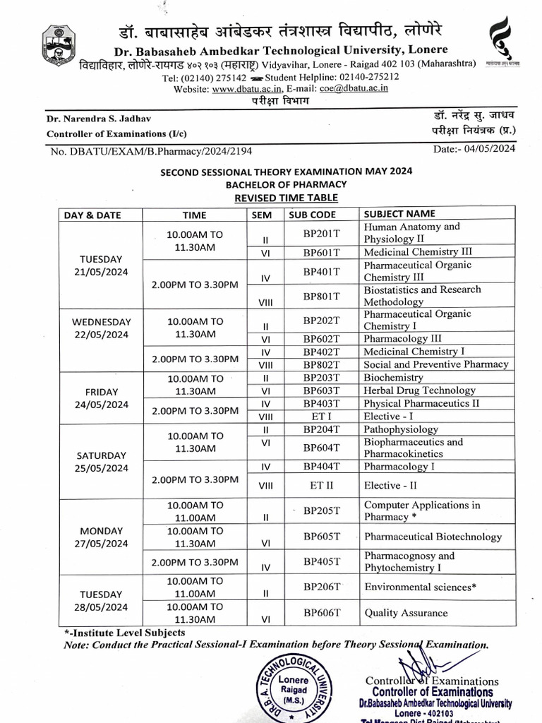 Revised Time Table - B. Pharmacy | PDF