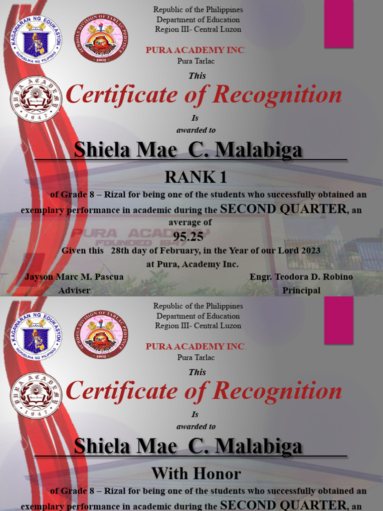 Grade 9 Certificate q1 | PDF | Philippines