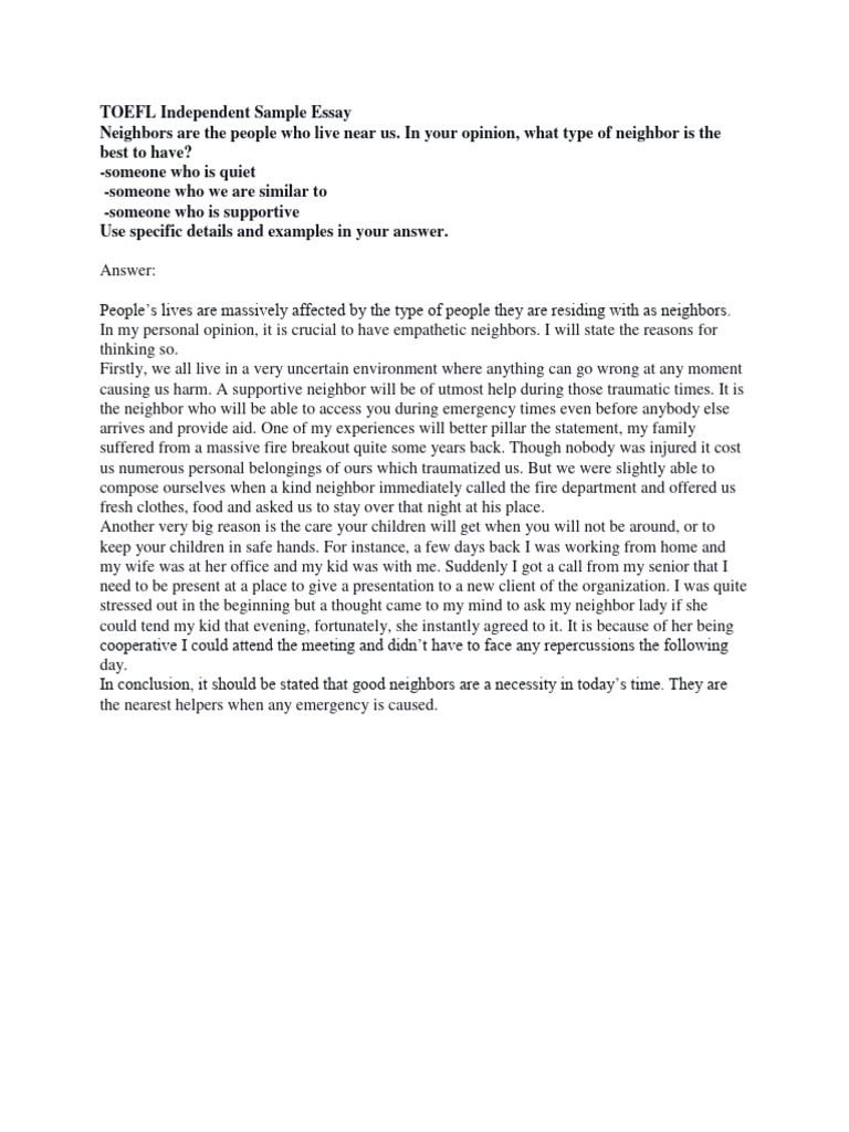 TOEFL Independent Sample Essay - Neighbours HW | PDF