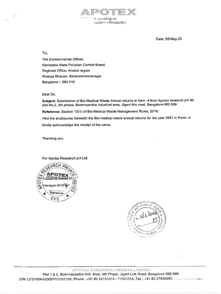 2020 21 Biomedical Waste Annual Returns Form IV | PDF