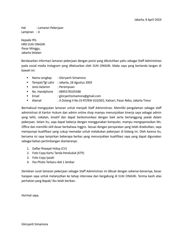 Surat Lamaran staff administrasi SUKi ONiGiRi | PDF