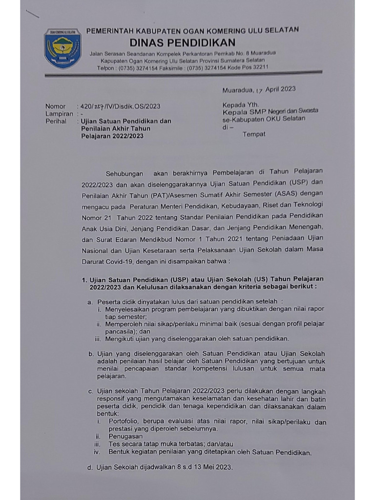 SE Disdik Tentang USP 2023 | PDF