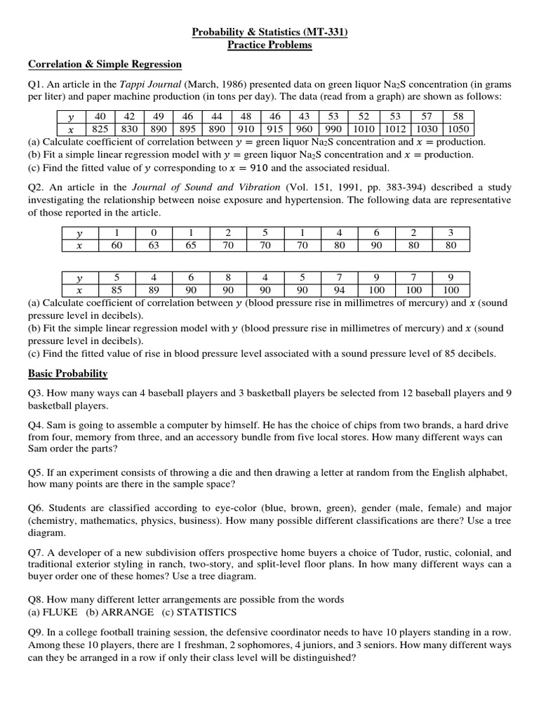 Practice Problems (Correlation, Regression and Probability) | PDF | Regression Analysis ...