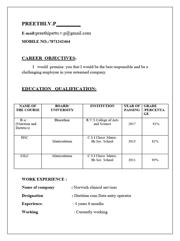 Preethi Resume - 22 | PDF | Dietitian