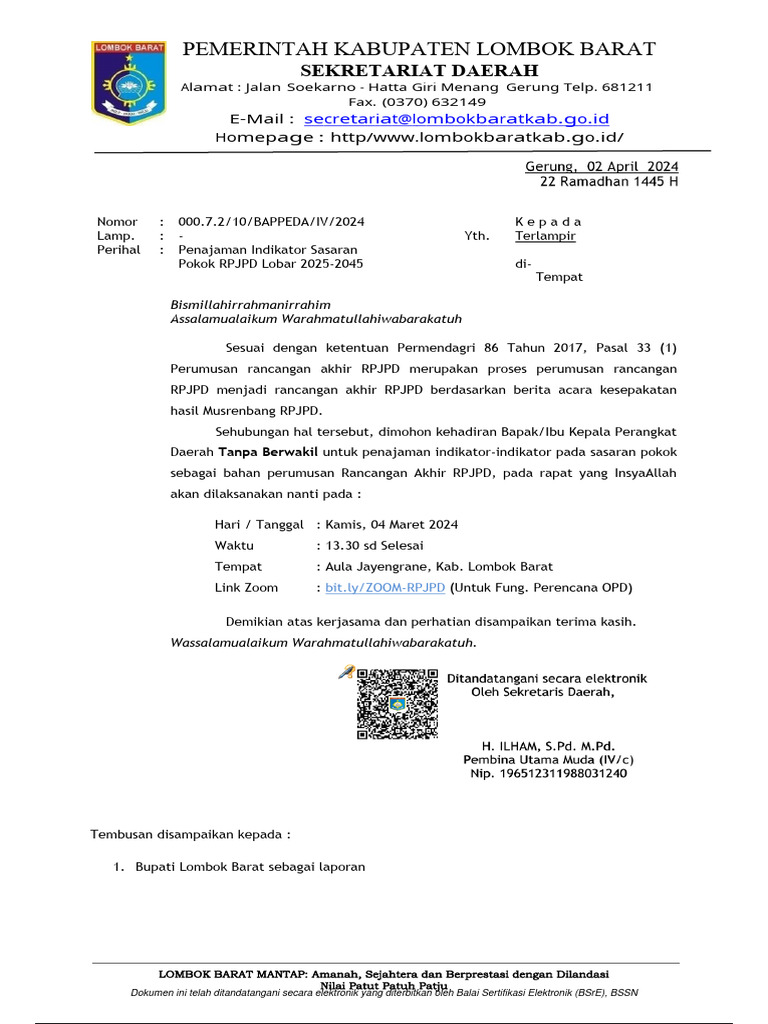 Undangan Pembahasan Target Indikator Sasaran Pokok RPJPD Lobar 2025 ...