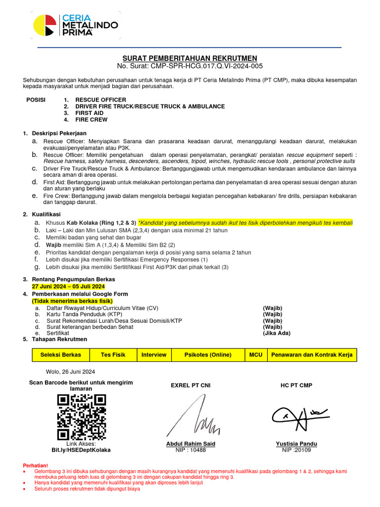 Lowongan Kerja PT CMP Kolaka | PDF