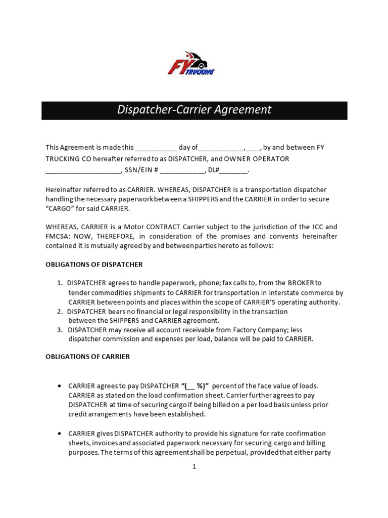 Dispatcher CarrierAgreementTerms | PDF | Cargo | Common Carrier