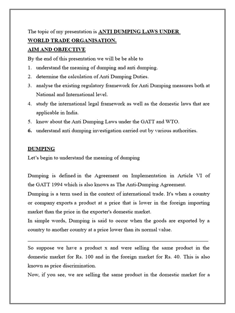 Presentation Anti Dumping | PDF | Dumping (Pricing Policy) | Market (Economics)