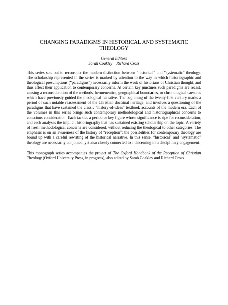 Changing Paradigms in Historical and Systematic Theology: General ...