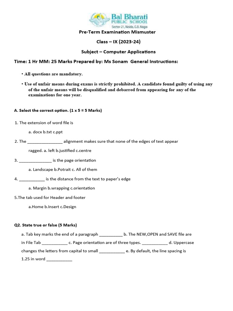 Class IX Computer Applications Exam Guide | PDF