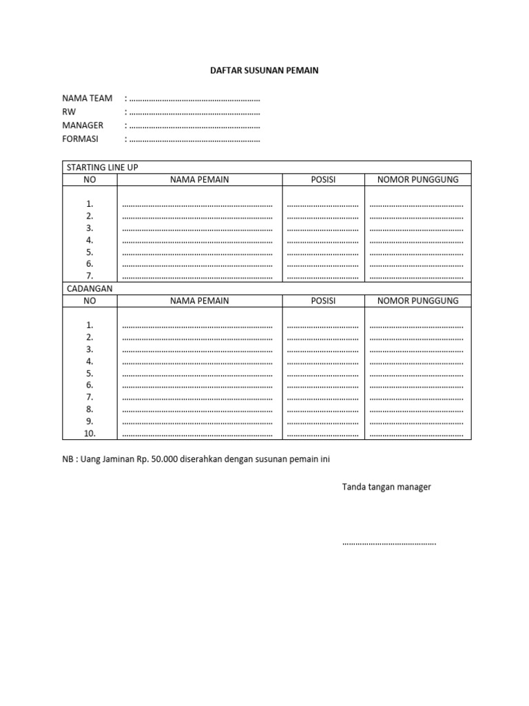 DAFTAR SUSUNAN PEMAIN SEPAKBOLA | PDF