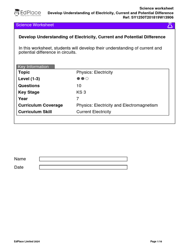 Develop Understanding of Electricity, Current and Potential Difference | PDF | Voltage | Electricity