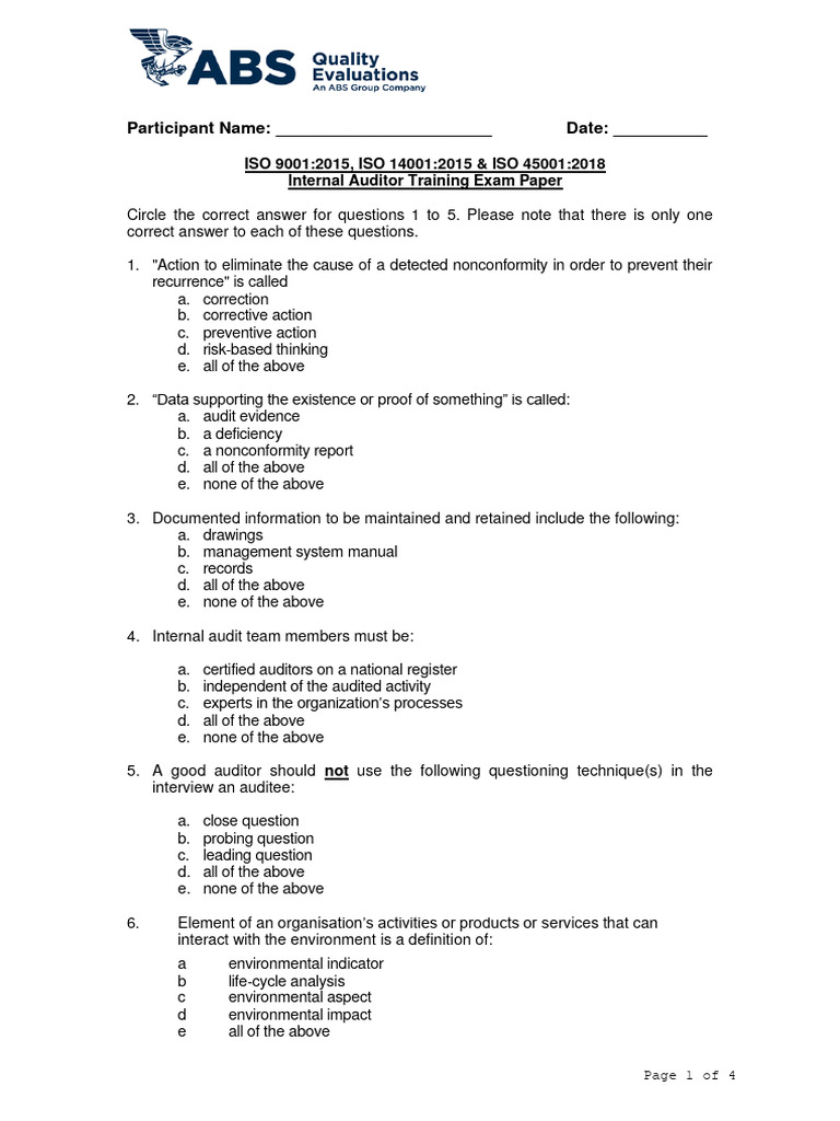 ISO 9001, IsO 14001 & ISO 45001 - Internal Auditor Training - Exam ...