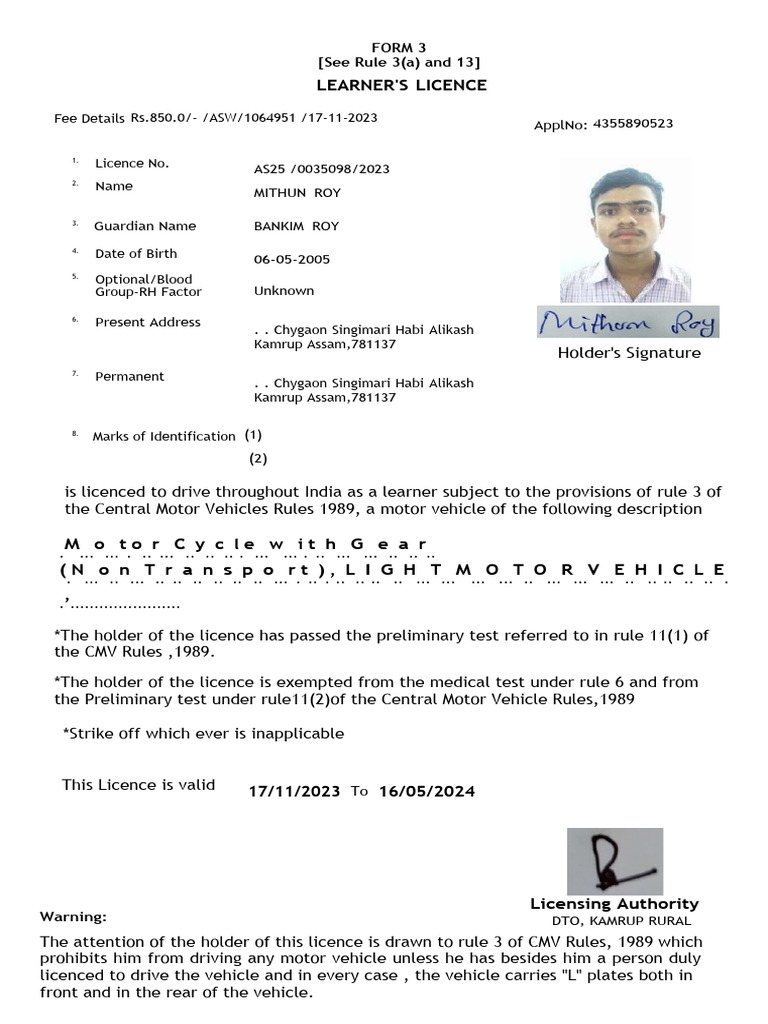 Learner'S Licence: Form 3 (See Rule 3 (A) and 13) | PDF